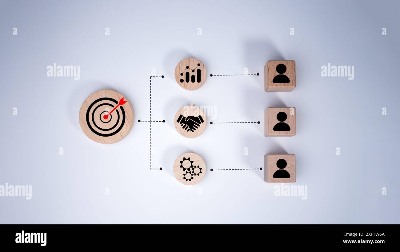 Circular wood with printed target icons and business symbols on white ...