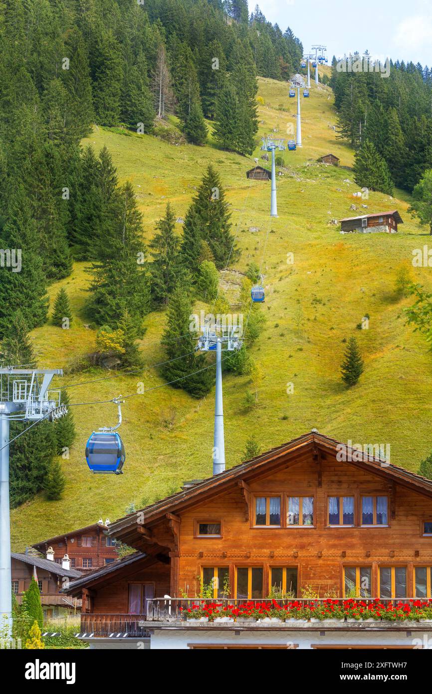 Kandersteg, Switzerland gondola station to Oeschinensee, blue cabins ...