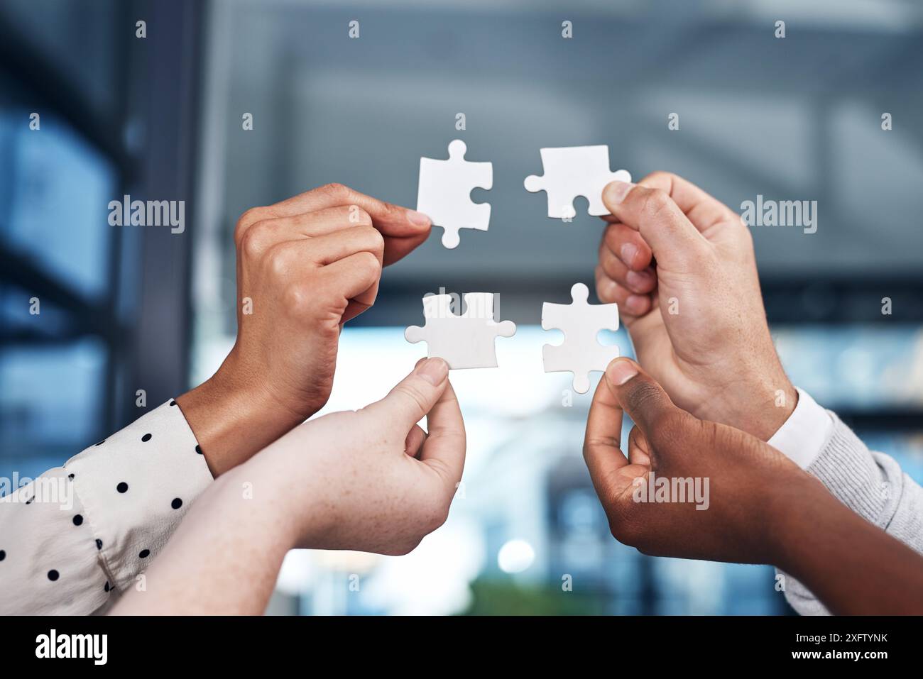 Business hands, teamwork and puzzle for group problem solving ...