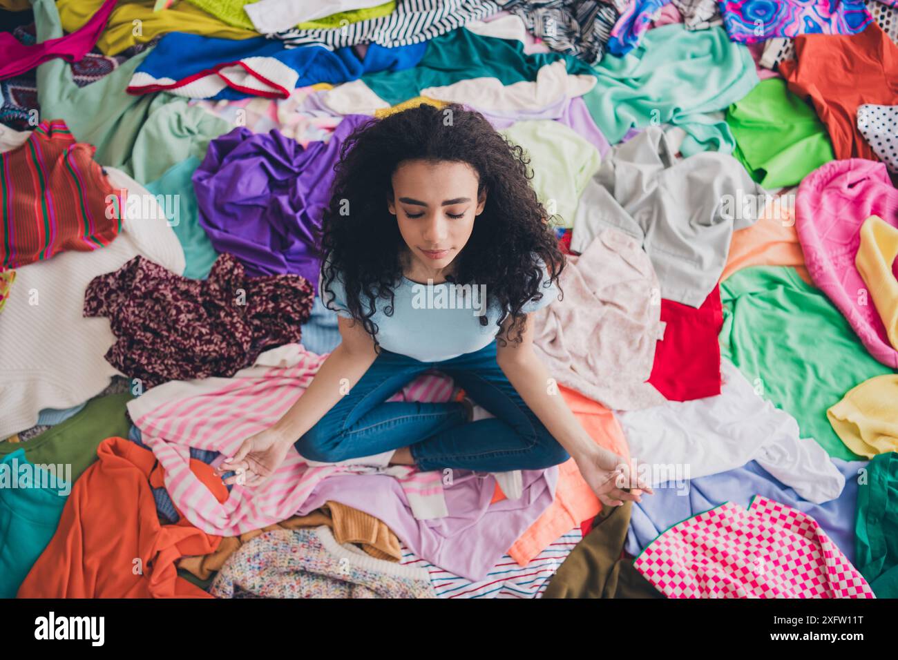 Above view full size photo of nice young girl sit meditate messy ...