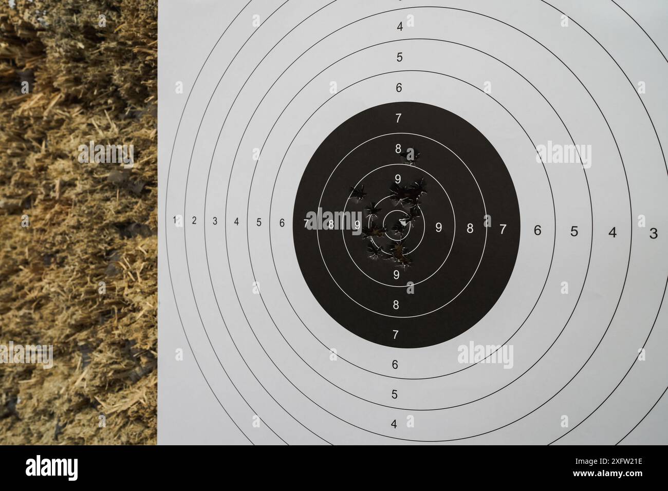 Precision shooting, paper target with bullet holes in the center in a ...