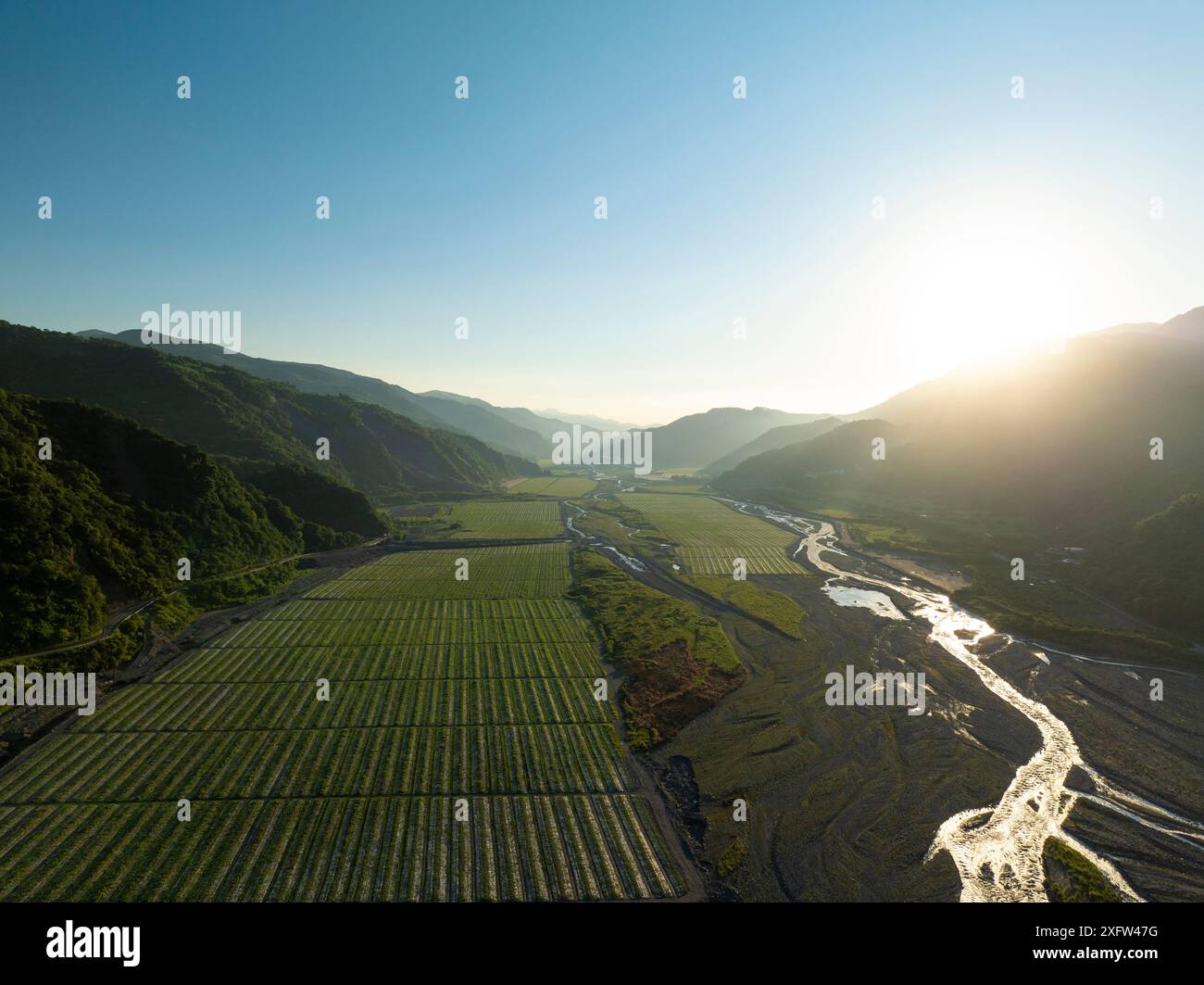 Aerial view of farmland in the Mountain Valley during sunrise. Yilan ...