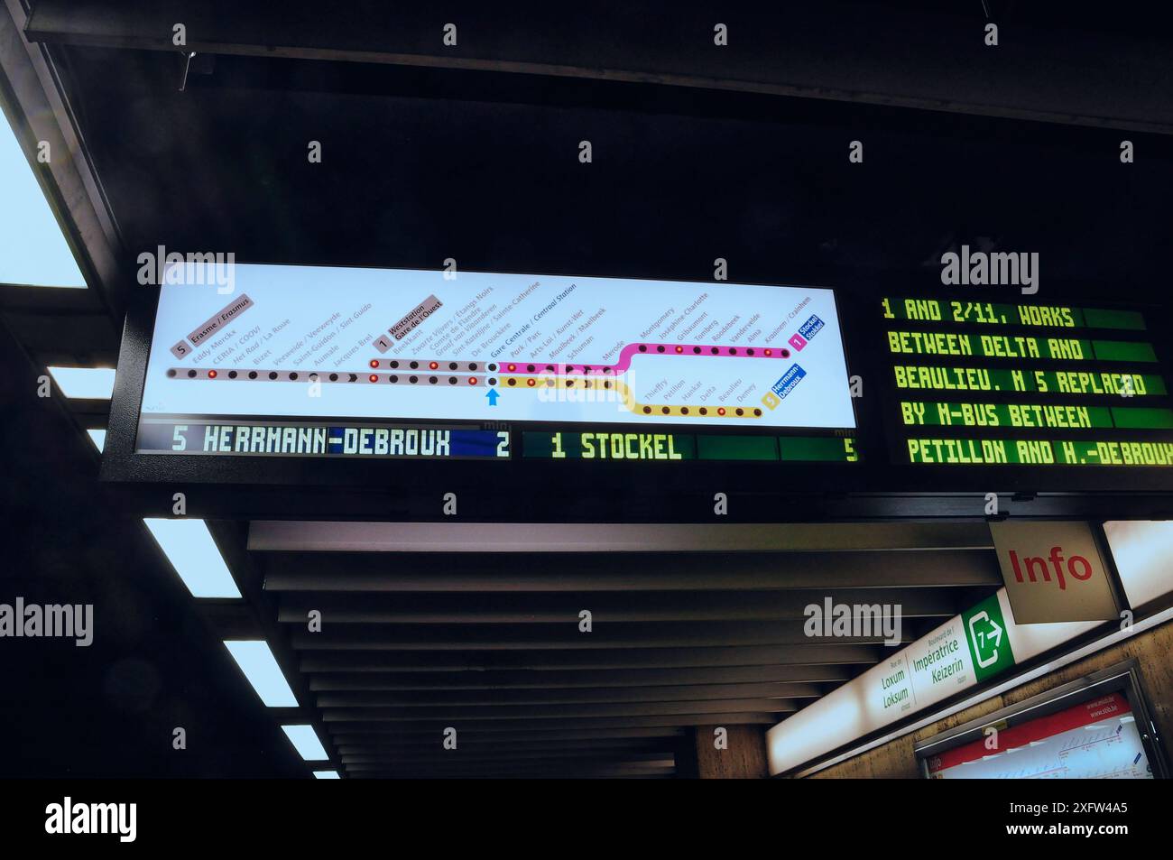 30-10-2014 Brussels, Belgium - Inside the Brussels metro, a map ...