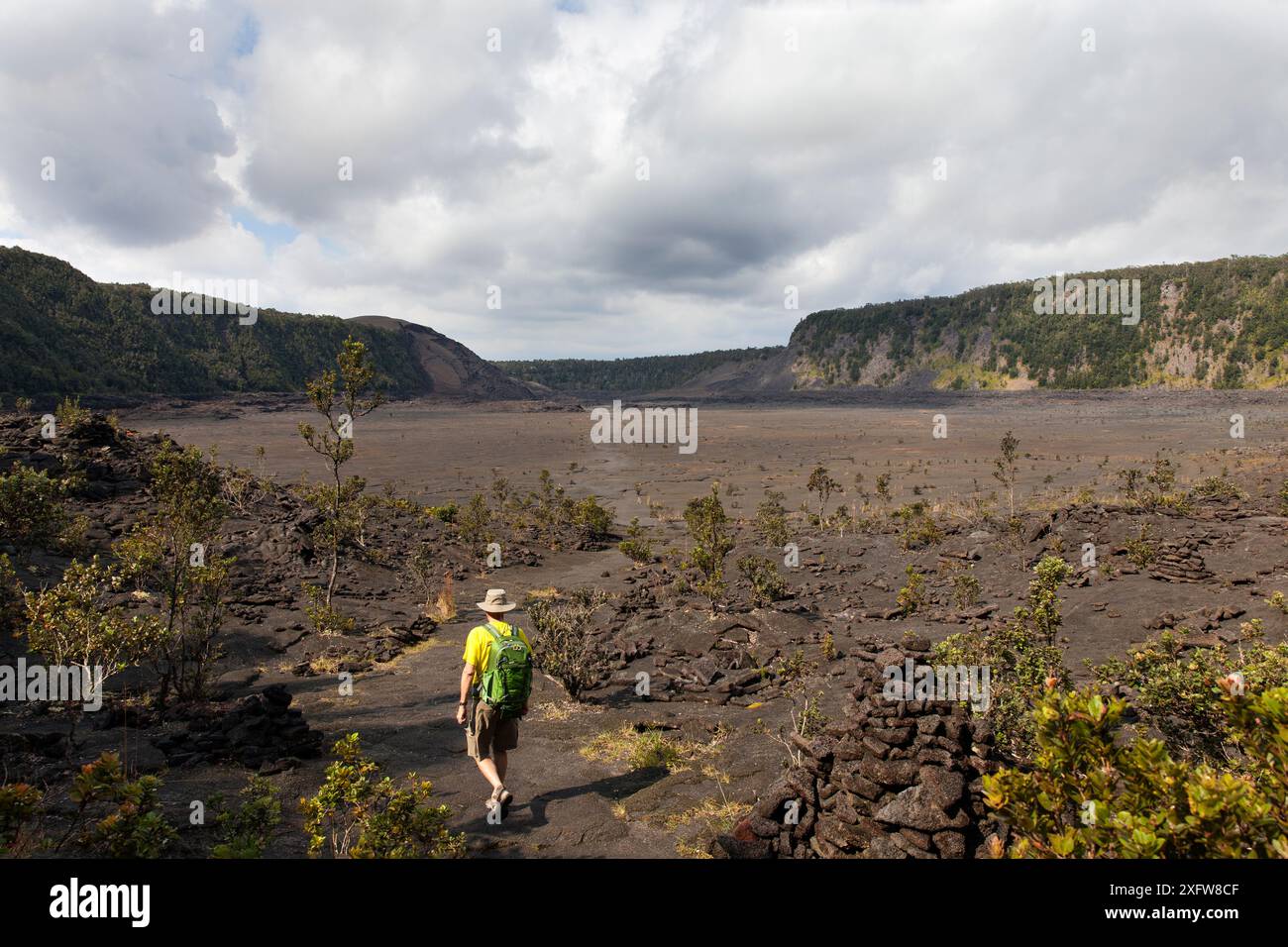 Hiker crossing the Kilauea Iki Crater, Hawaii Volcanoes National Park ...
