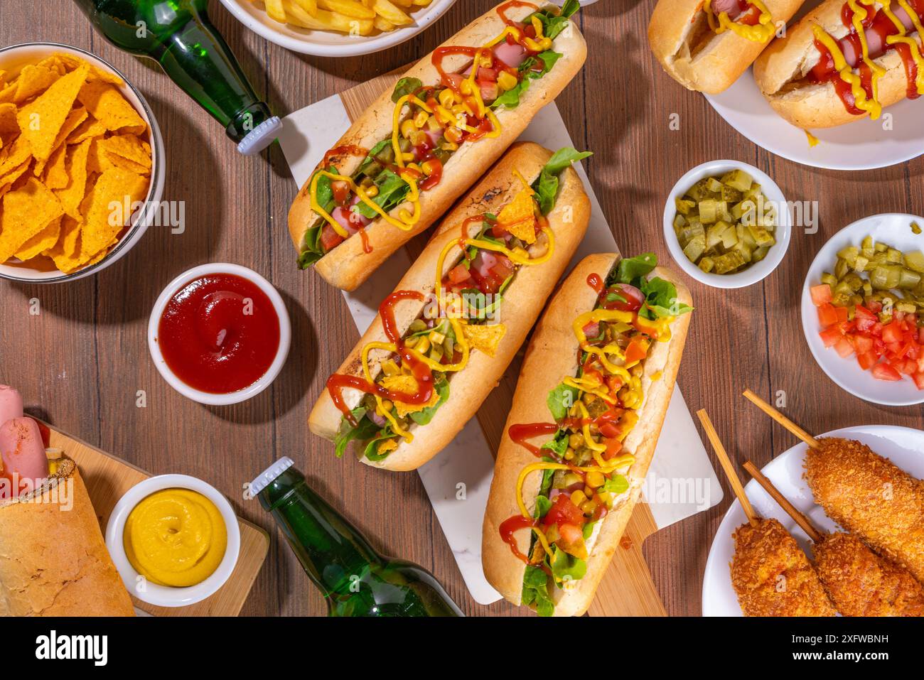 National Hot Dogs day background, hotdog summer party festival foods ...