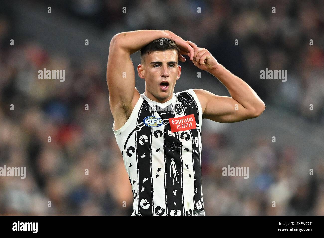Melbourne, Australia. 05th July, 2024. Nick Daicos of Collingwood looks ...