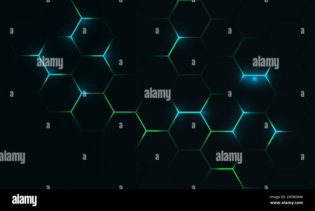 Dark hexagon abstract technology background with blue and green colored bright flashes under ...