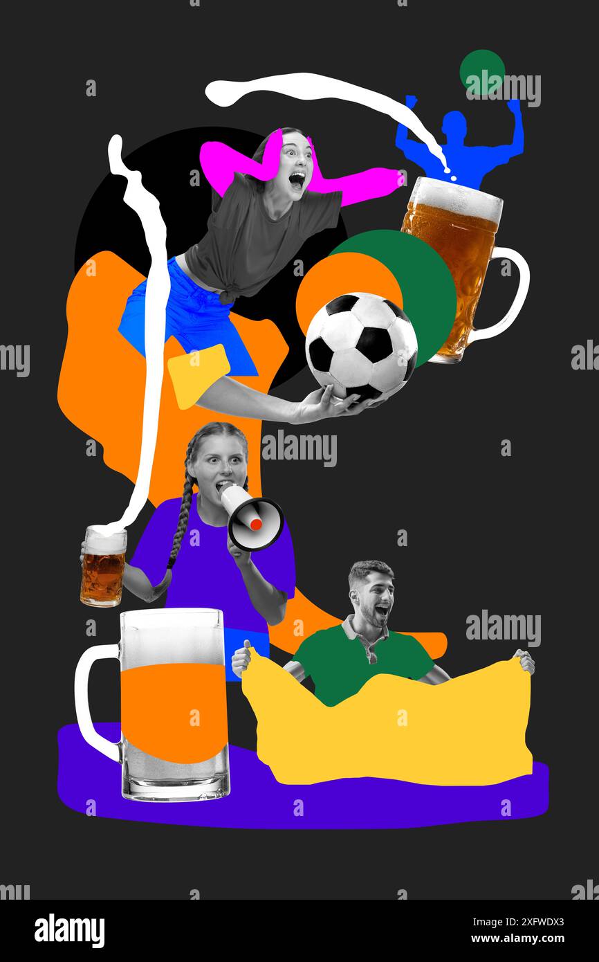 Dynamic collage of sports fans celebrating with beer, soccer balls, and ...
