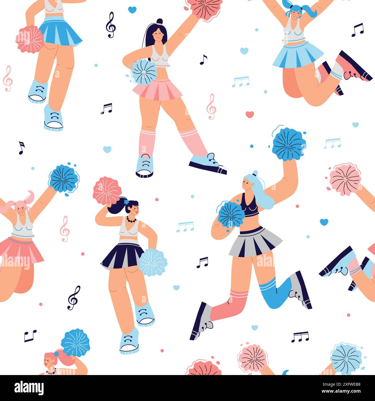 Seamless pattern Cheer leading girls dancers figure vector Sport support. High school, college ...
