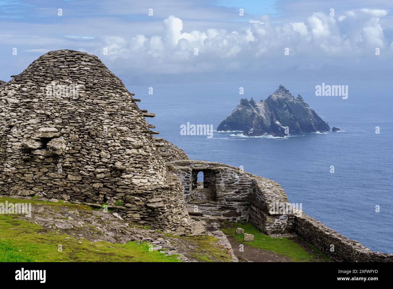 clochans, stone cells. monastery at the top, Skellig Michael island ...