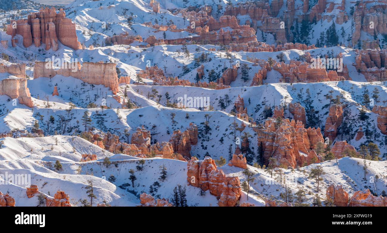 Snow covered eroded spires and pinnacles of Claron Limestone ...