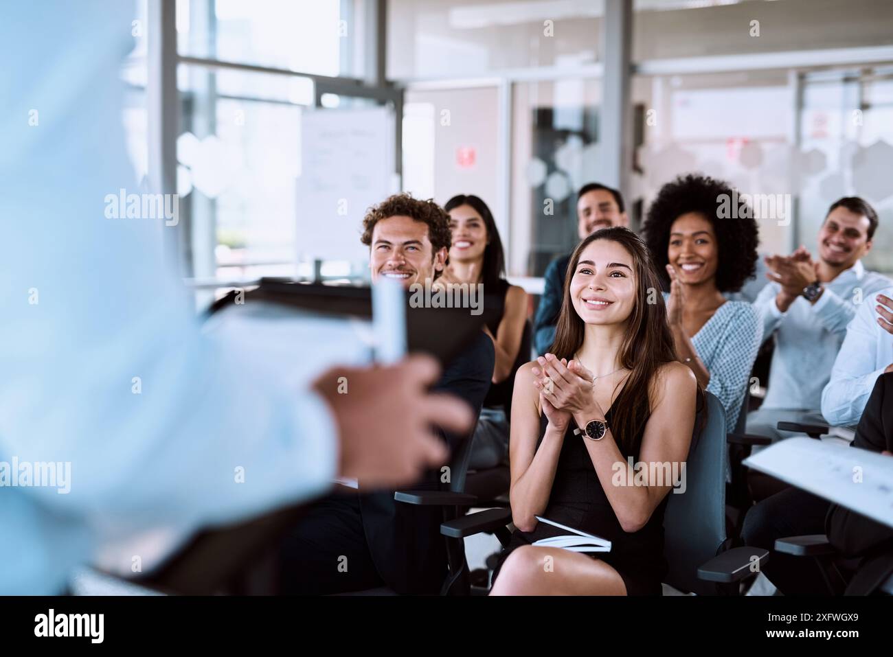 Business, people and clapping for happy presentation, presenter speech and corporate training ...