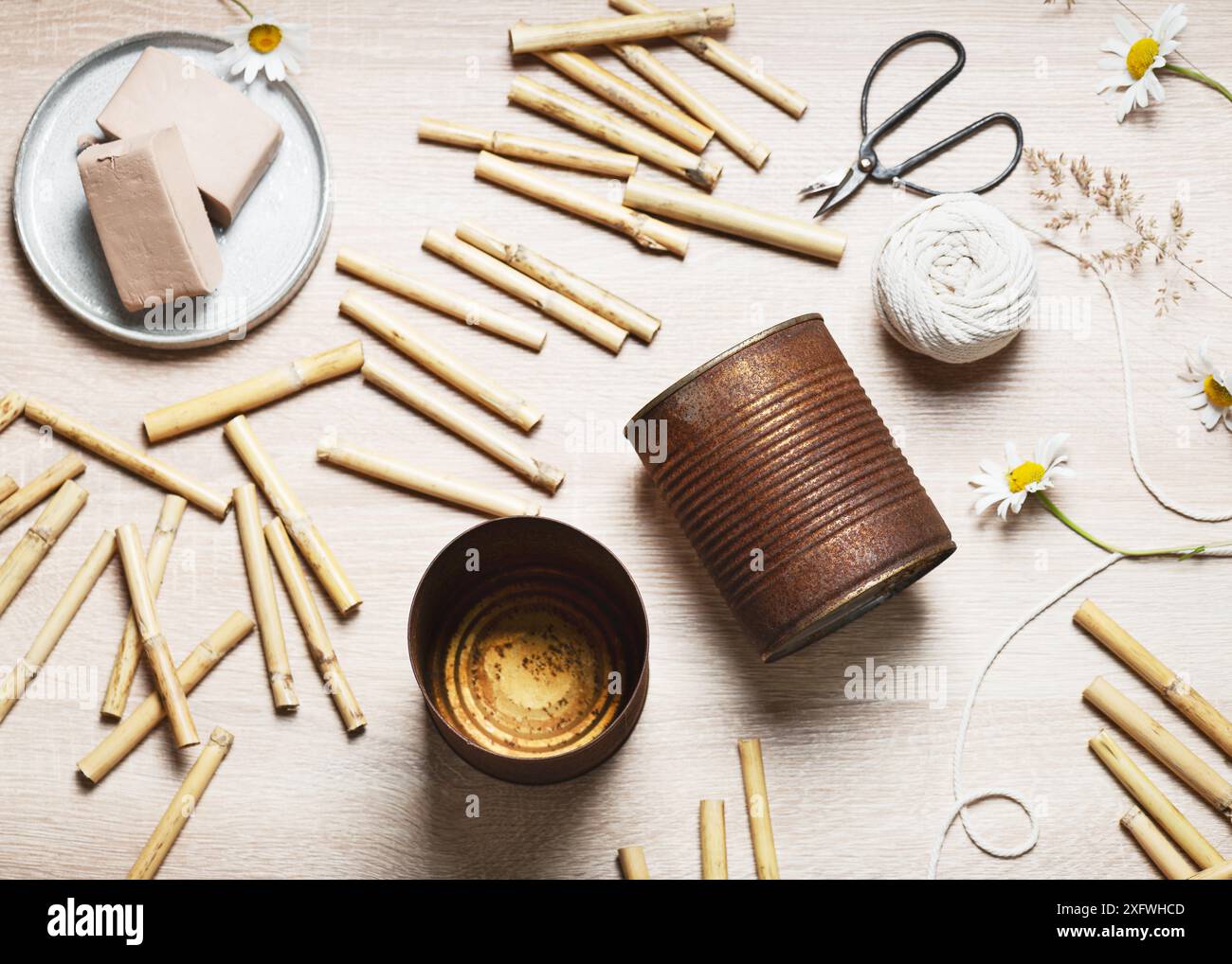 Top view of workplace with two old empty rusty food cans, bamboo stakes ...