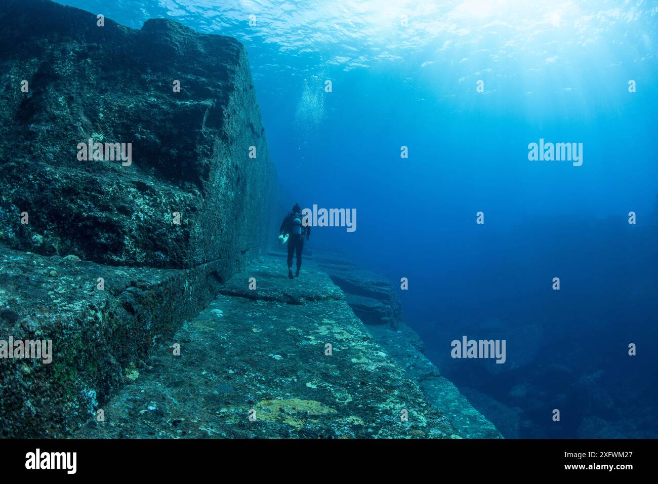 Scuba diver exploring the Yonaguni Monument, a submerged rock formation ...