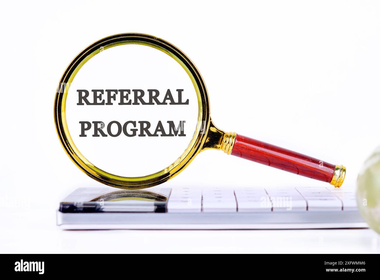 REFERRAL PROGRAM word. text written through a magnifying glass standing ...