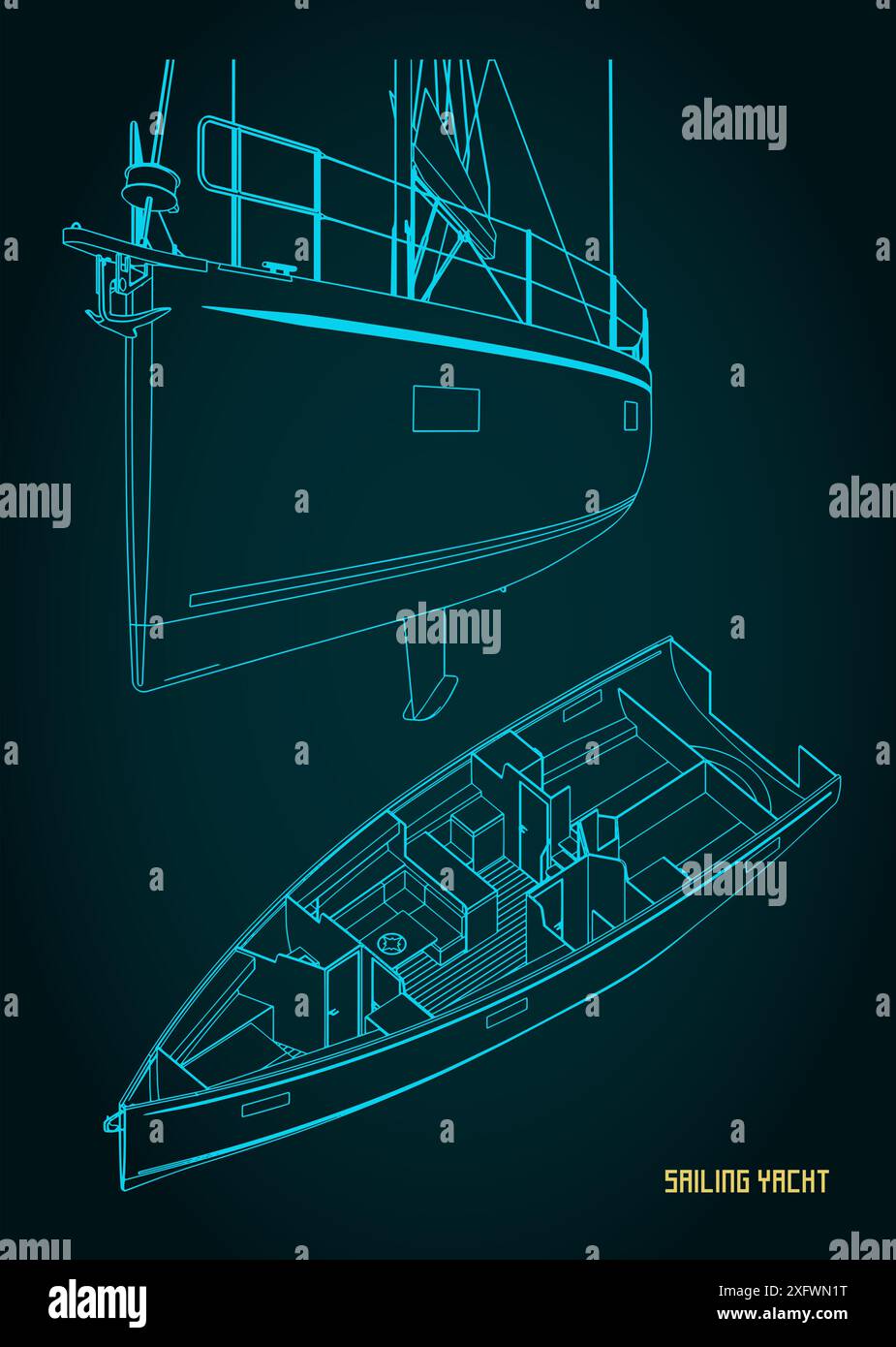 Vector illustration of outline sailing yacht and structure of its ...