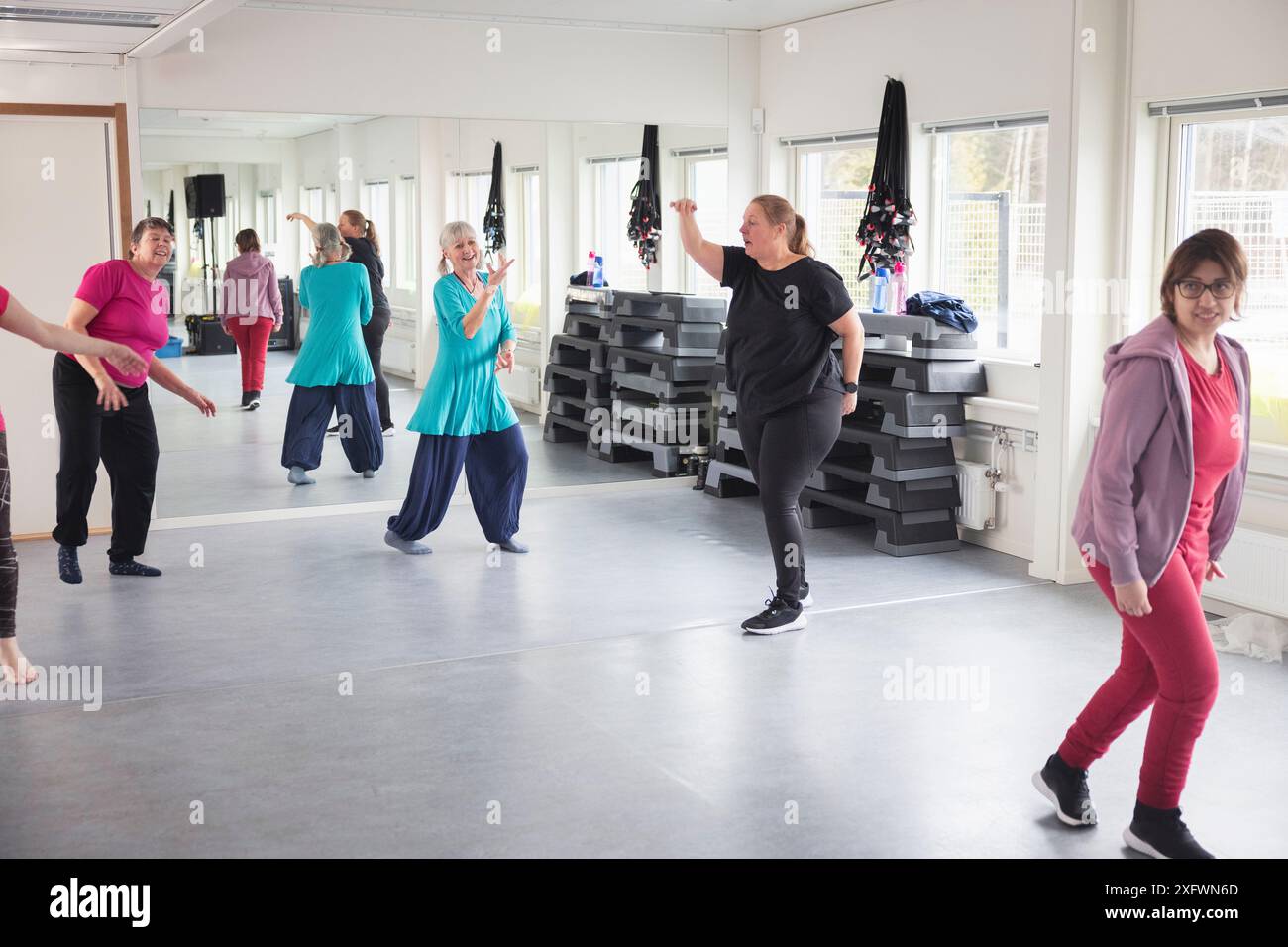 Female instructor dancing with students at studio Stock Photo - Alamy