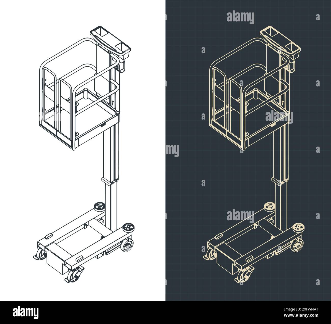 Isometric technical drawings of a push around mast lift Stock Vector ...