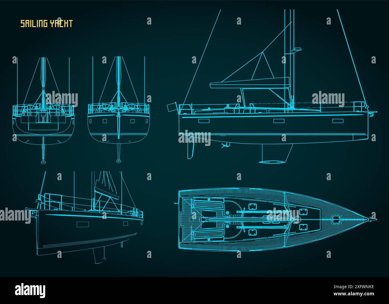 Stylized vector illustration of technical drawings of a sailing yacht ...