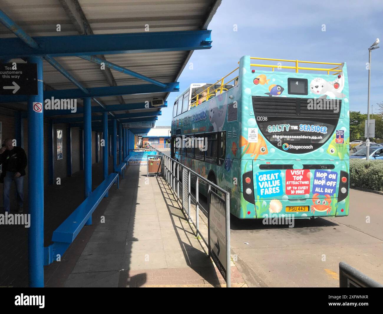 Open top double decker bus waiting at the bus station in Skegness ...
