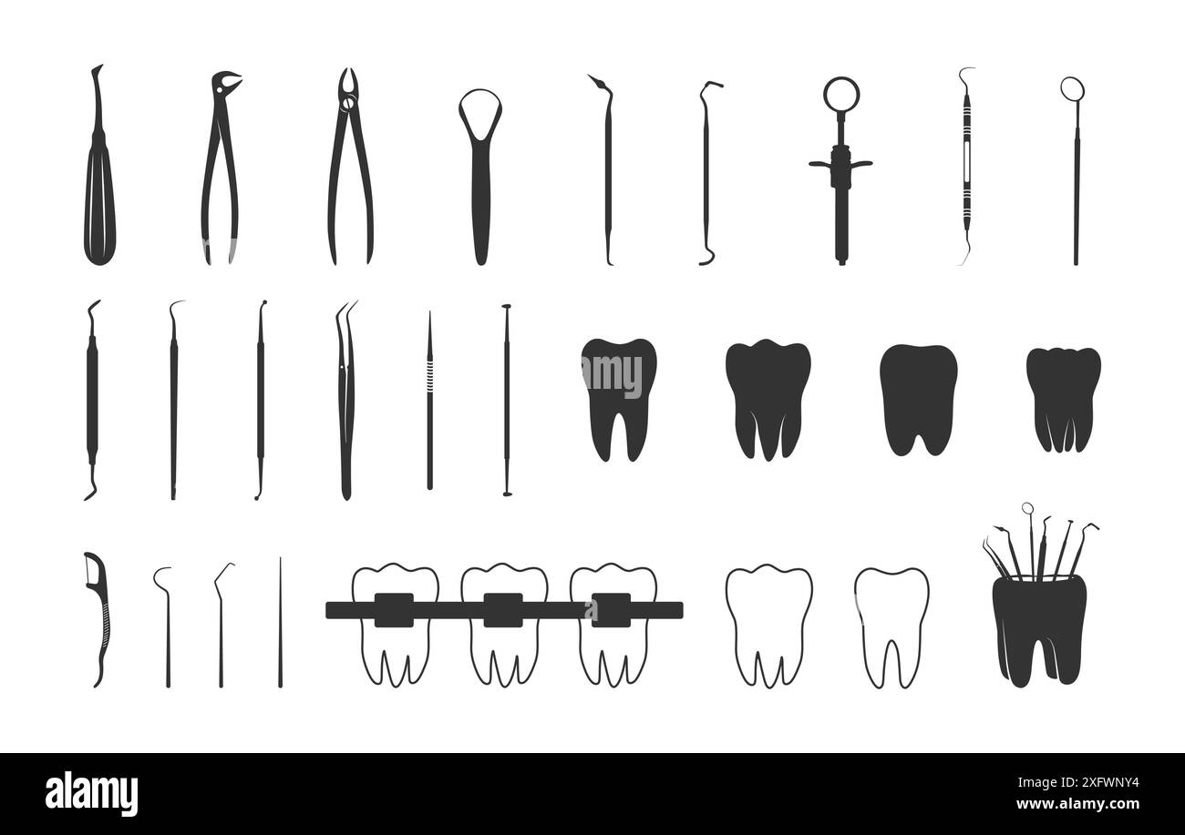 Dental tools silhouette, Dental instruments silhouette, Tooth ...
