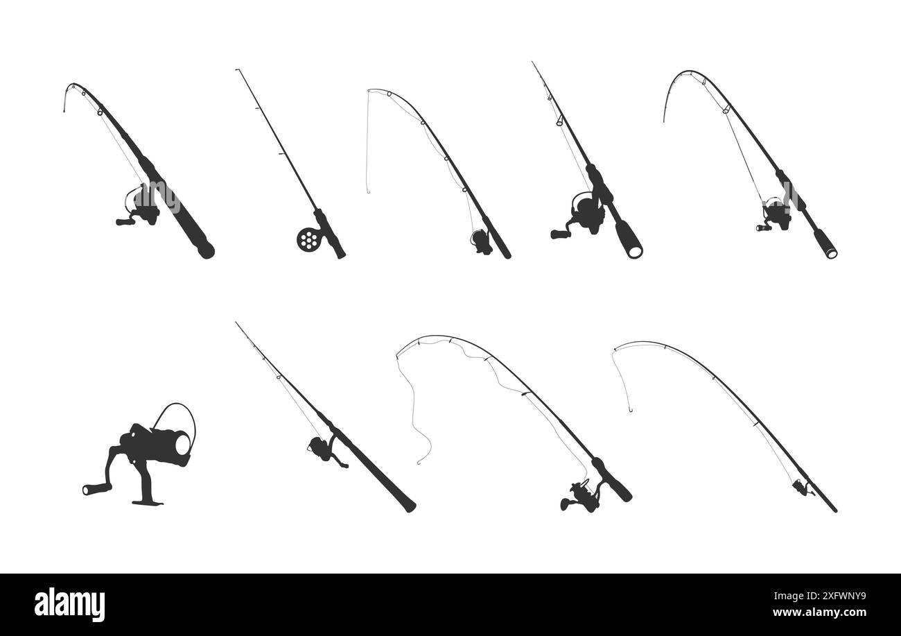 Fishing rod silhouette, Spinning rods illustration, Fishing rod bundle ...