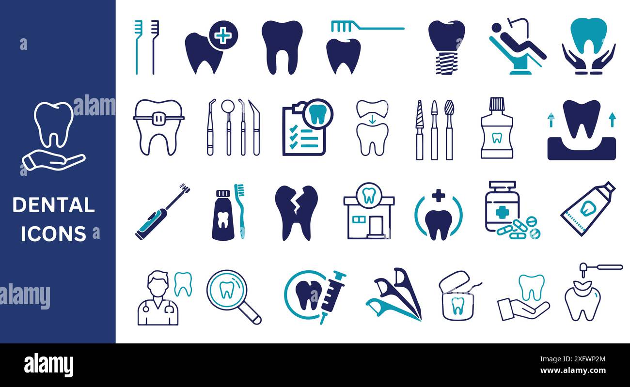 Dental Icon Set. Toothbrush, tooth, teeth, dentist, toothpaste, and ...