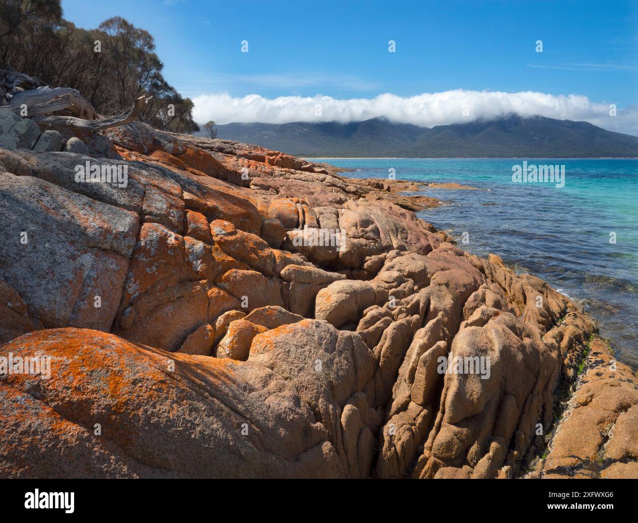 Painted cliffs at Maria Island National Park, east coast of Tasmania ...