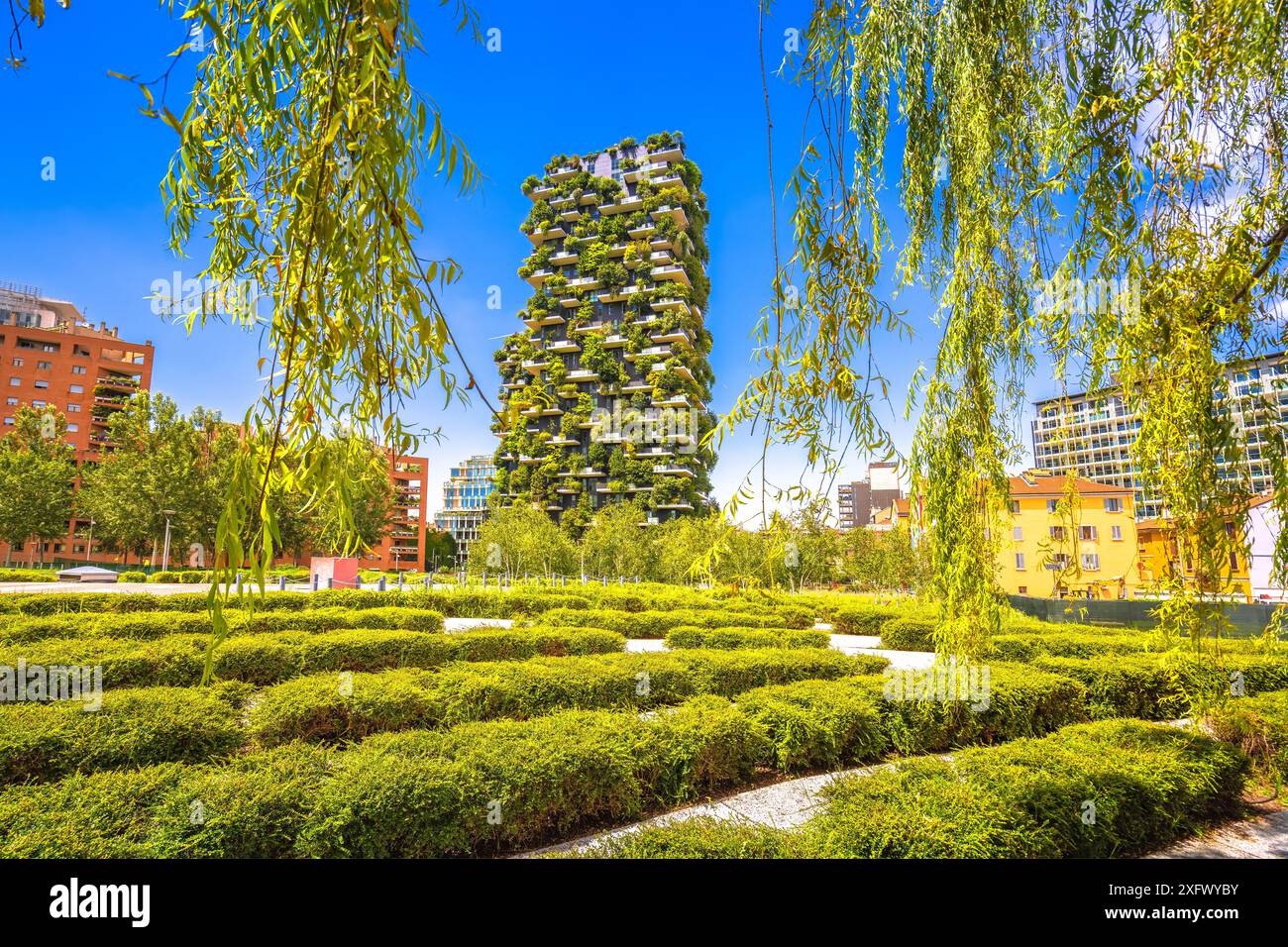 Green skyscraper architecture in Milan view, Lombardy region of Italy ...