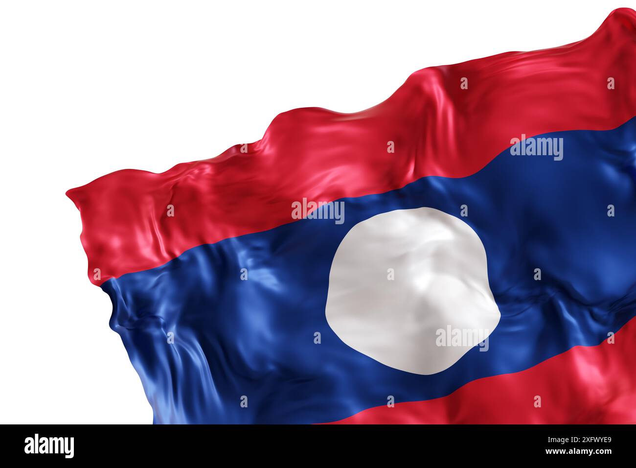 Realistic flag of Laos with folds, isolated on white background. Footer ...