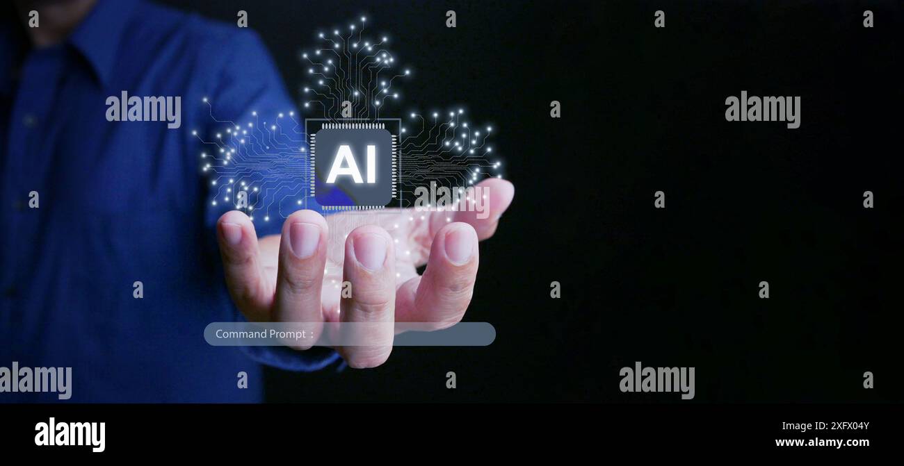 Ai technology. Writing a command prompt to generate outcomes. A man ...