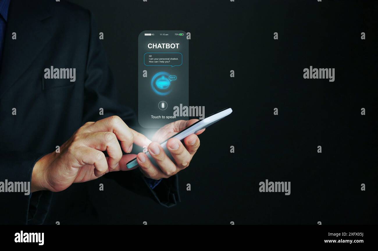 Chat with Ai. A man using chatbot application technology to communicate ...