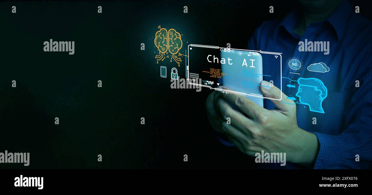 Chat with Ai. A man using chatbot application technology to communicate ...