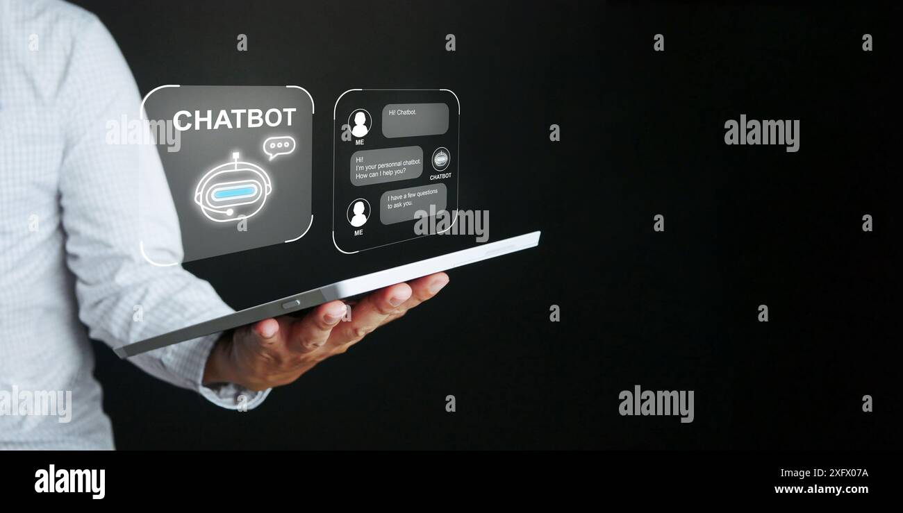 Chat with Ai. A man using chatbot application technology to communicate ...