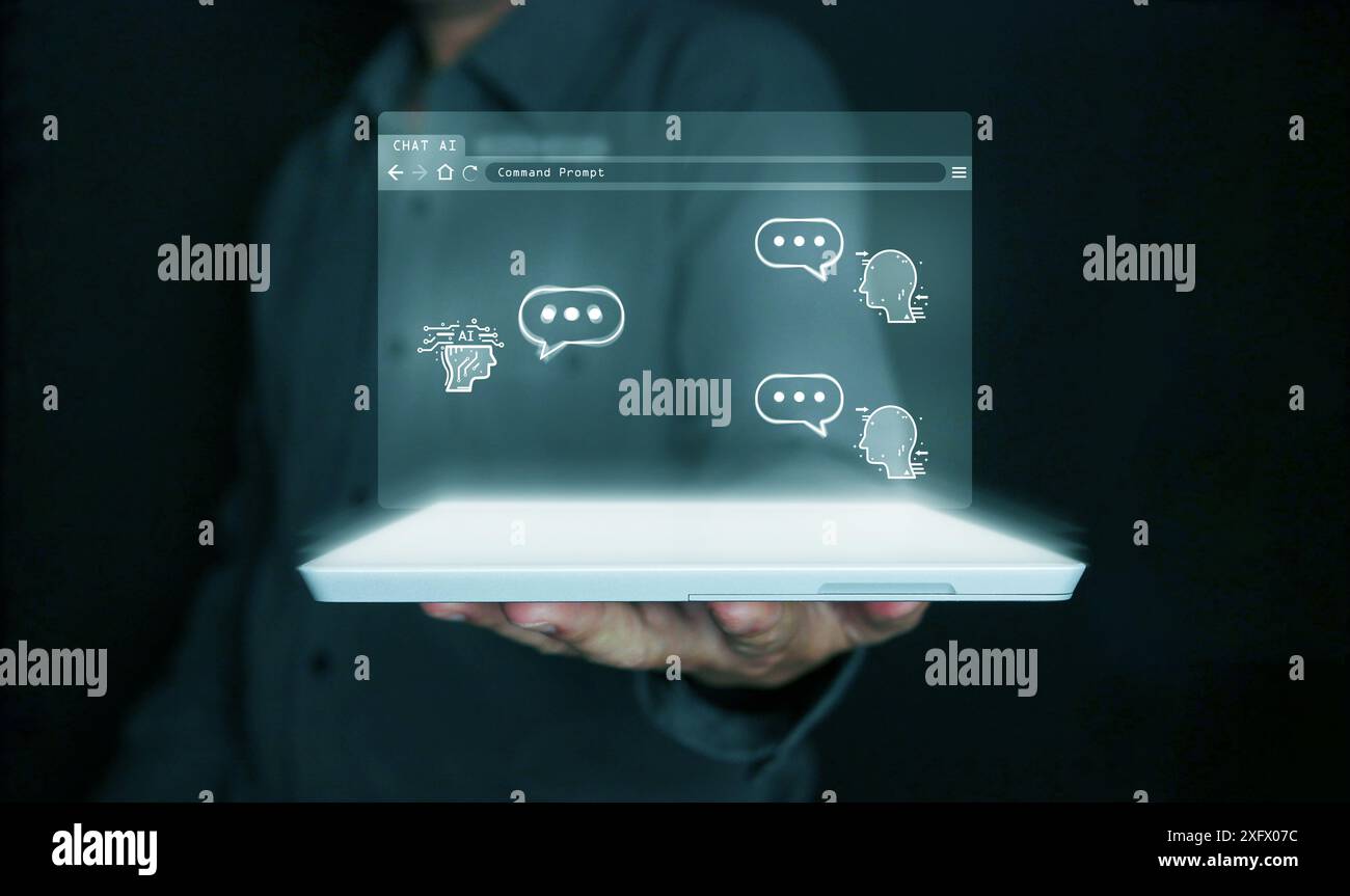 Chat with Ai. A man using chatbot application technology to communicate ...