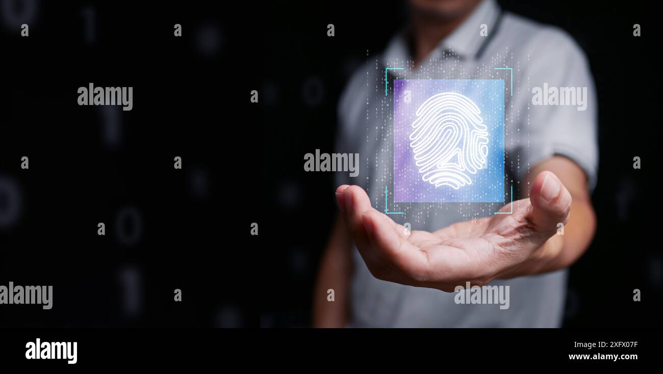 Digital fingerprint for cybersecurity technology. A man using his biometric fingerprint to ...