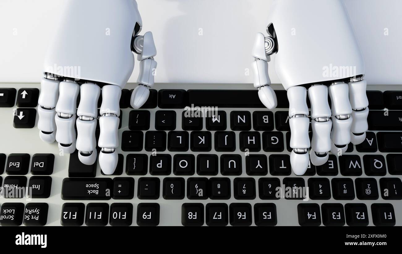 3d rendering of a robotic hand with articulated fingers swiftly types ...