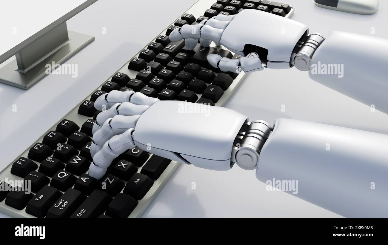 3d rendering of a robotic hand with articulated fingers swiftly types ...