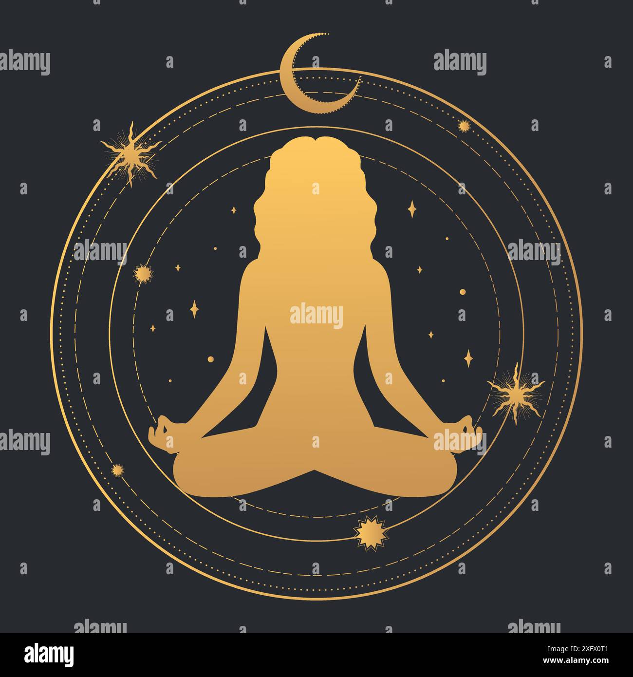 Golden colored abstract meditating woman silhouette on celestial ...