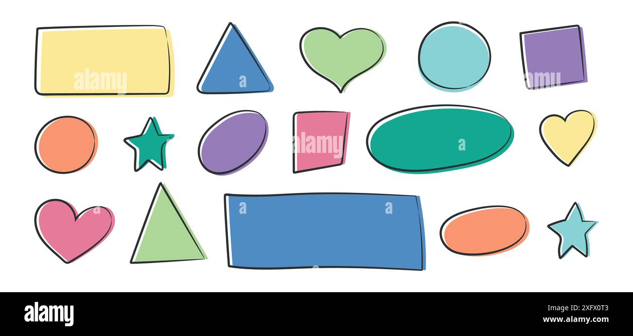 Set of doodle geometric shapes in childish style. Different hand drawn ...