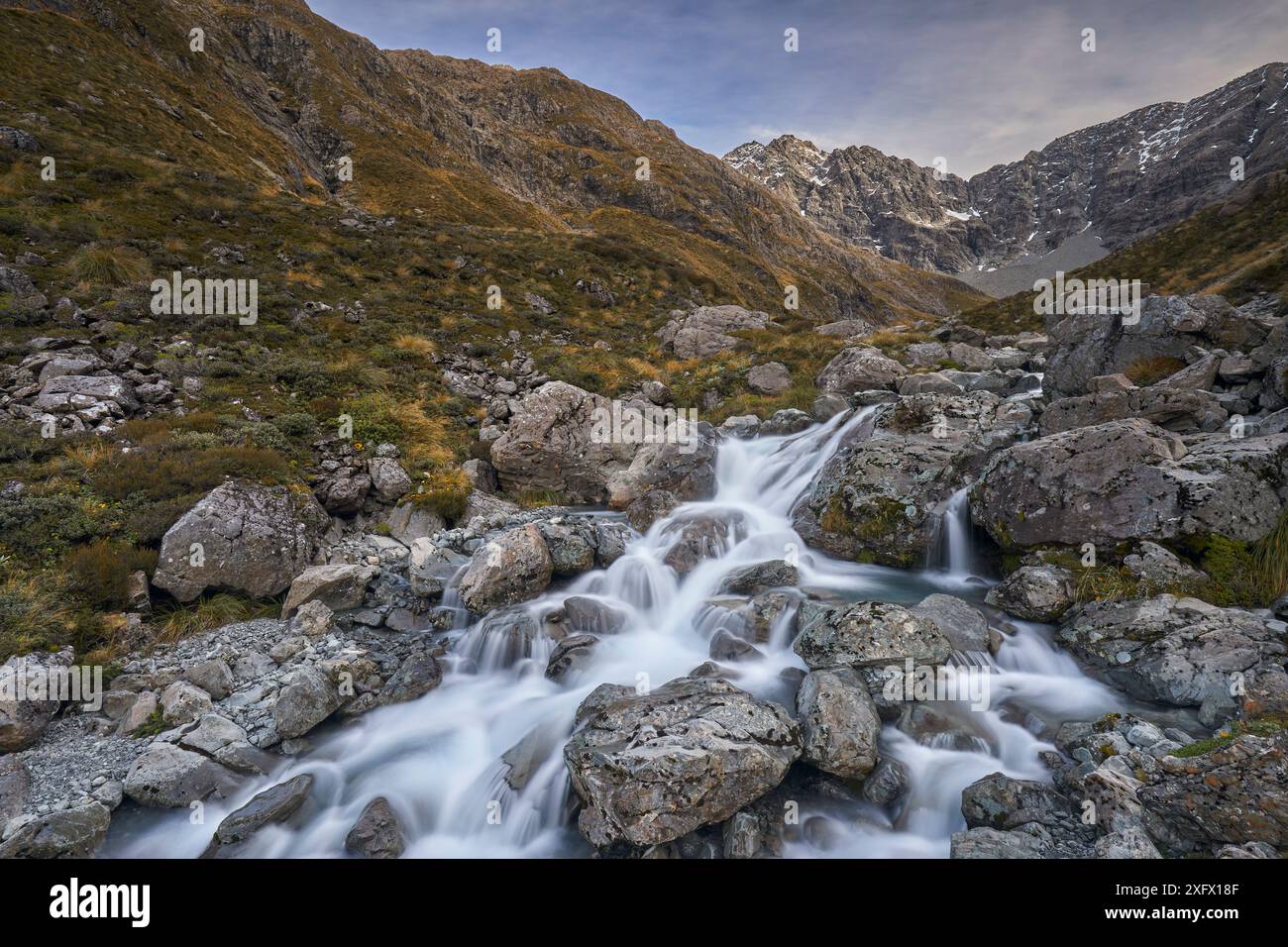 Looking up Otira Valley with Otira River in the foreground. Slow ...