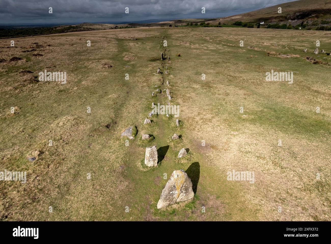 Merrivale stone rows, a line of upright, parallel megalithic standing ...