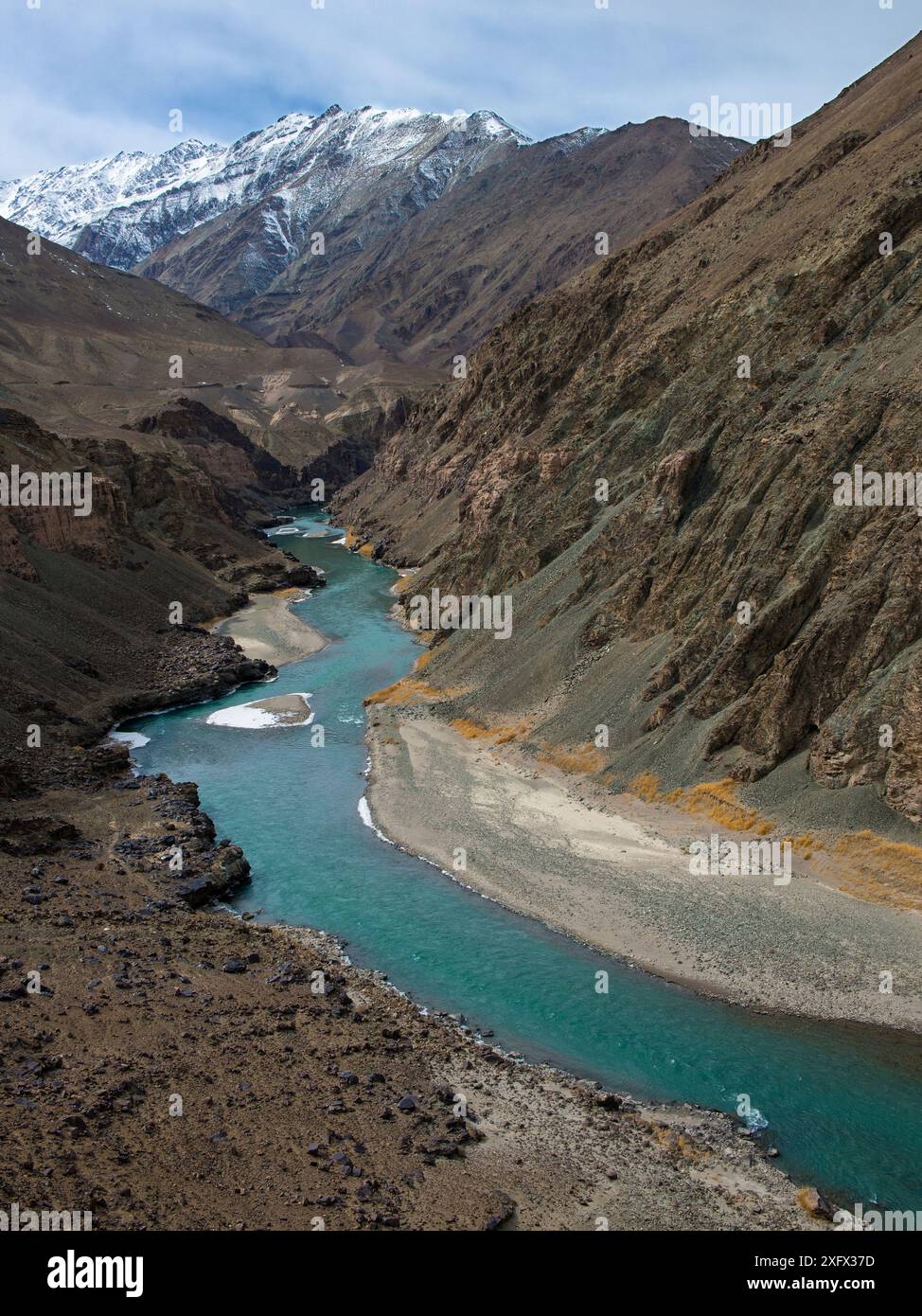 Landscape of Zanskar River, a tributary of the Indus, borders part of ...