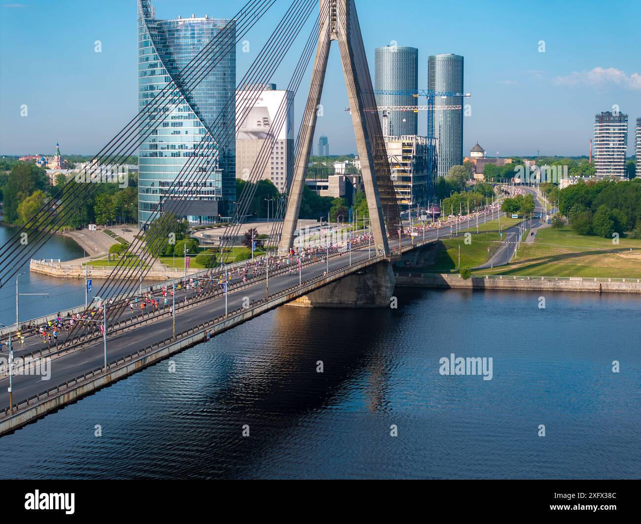 Aerial View of Runners on Cable-Stayed Bridge in Riga, Latvia Stock ...