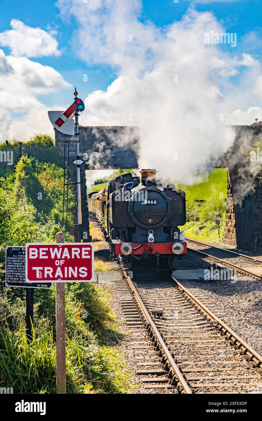 Preserved ex-GWR steam loco 9466 leaving Williton station pushing from ...