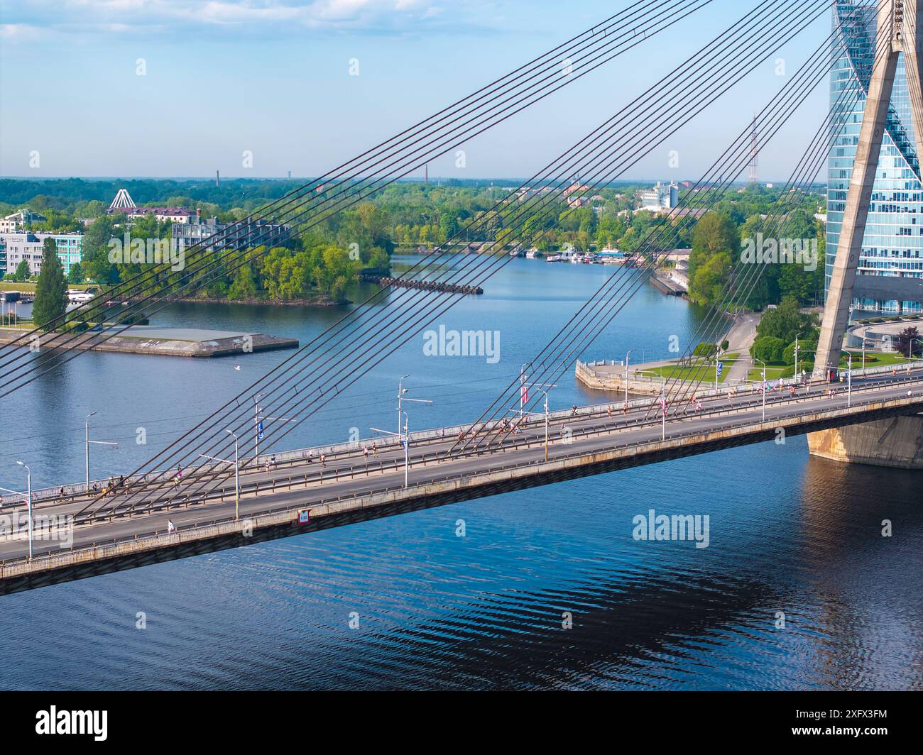 Aerial View of Marathon Runners on Cable-Stayed Bridge in Riga, Latvia ...