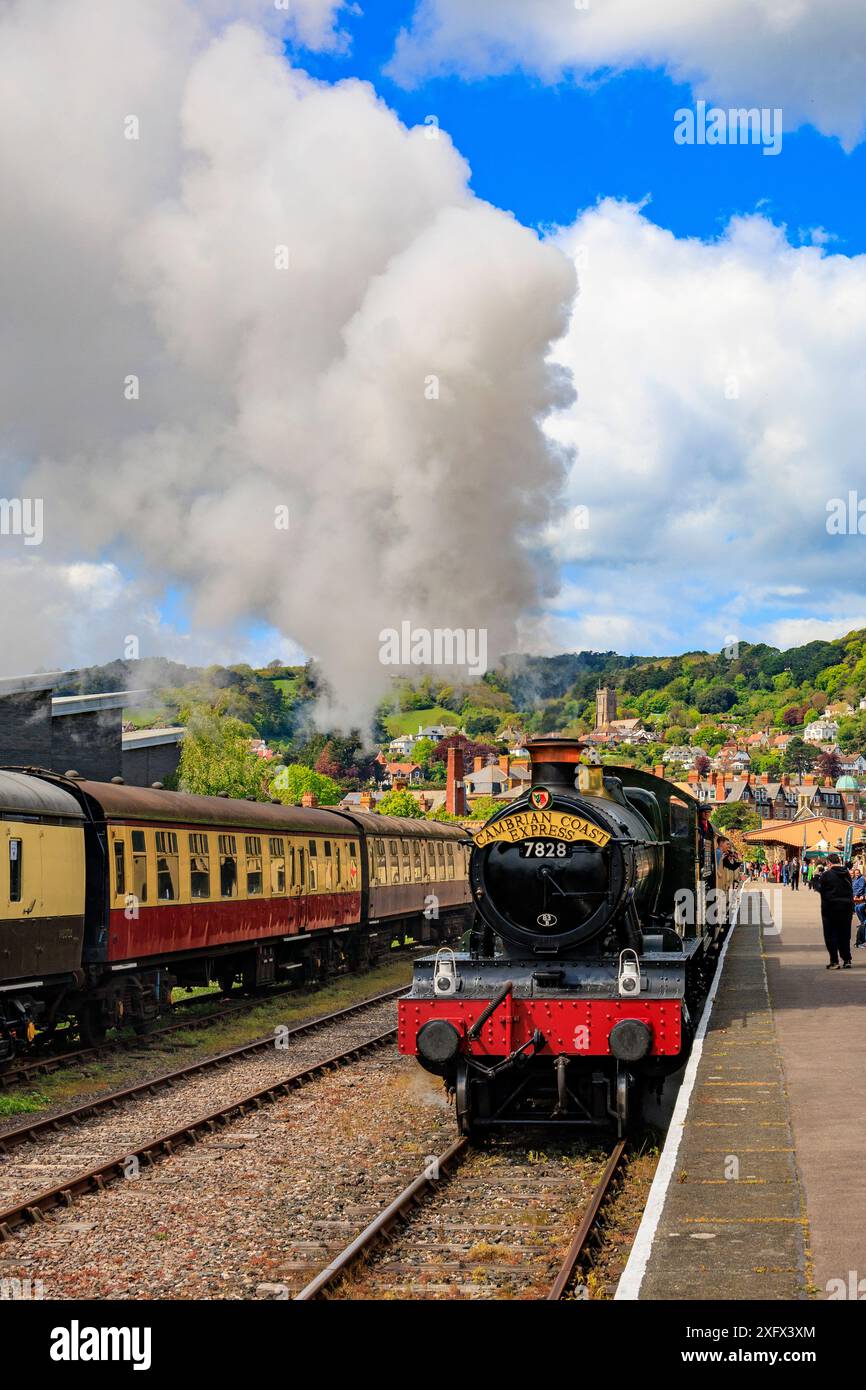 Preserved ex-GWR steam loco 7828 'Odney Manor' leaving Minehead station for Bishops Lydeard at ...