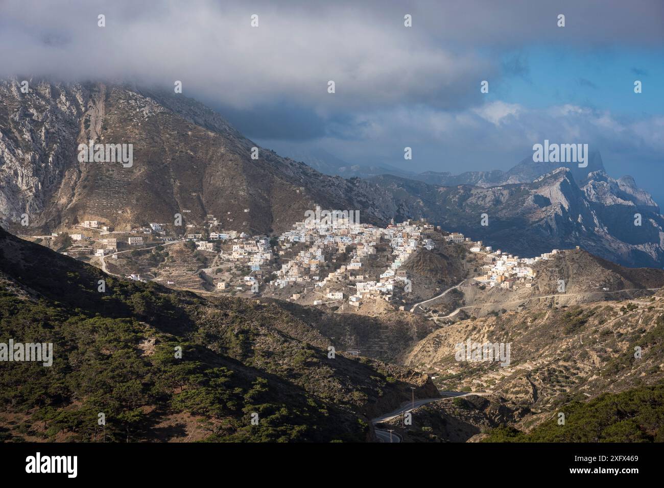 The village of Olympos, nestled high in the mountains of Karpathos ...