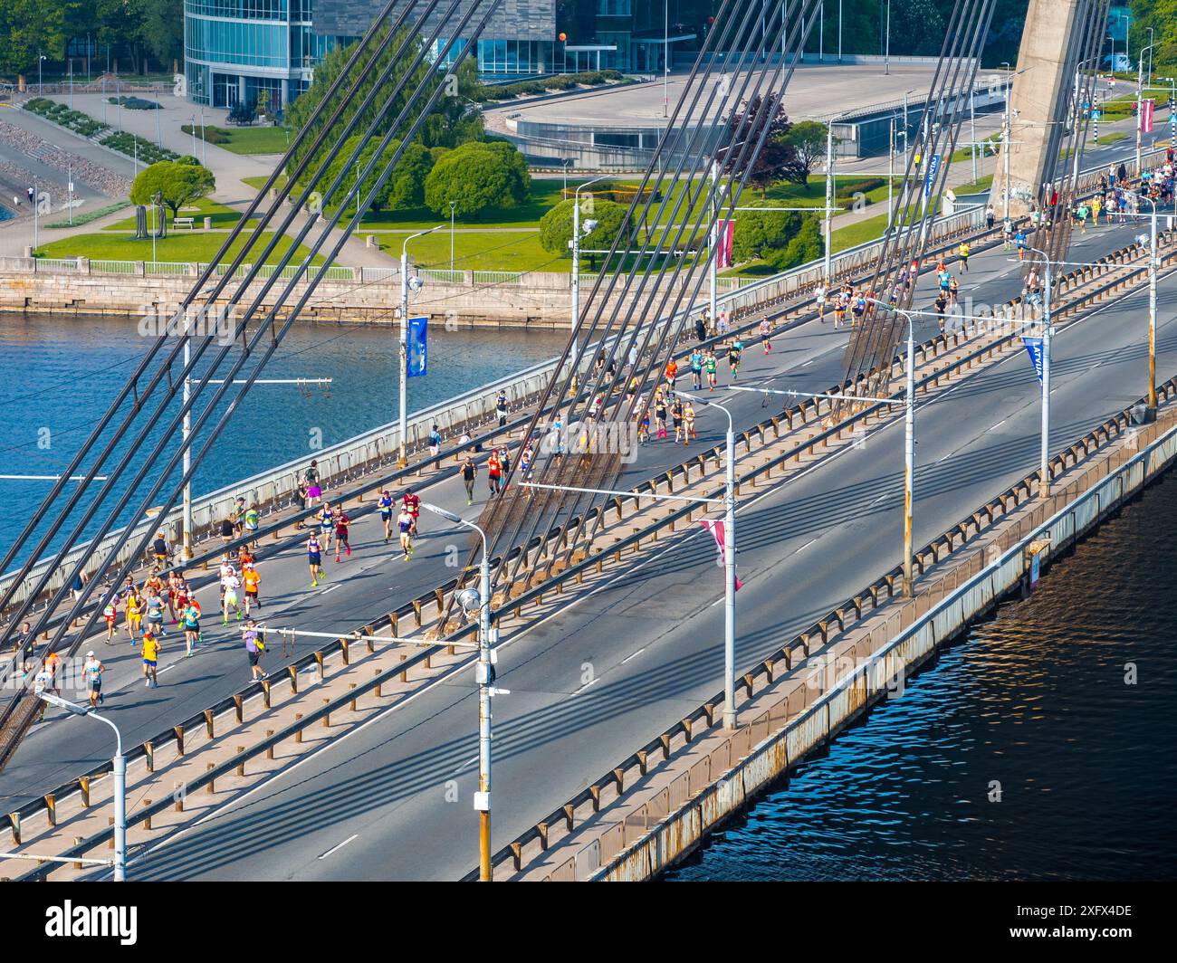 Aerial View of Marathon on Cable-Stayed Bridge in Riga, Latvia Stock ...