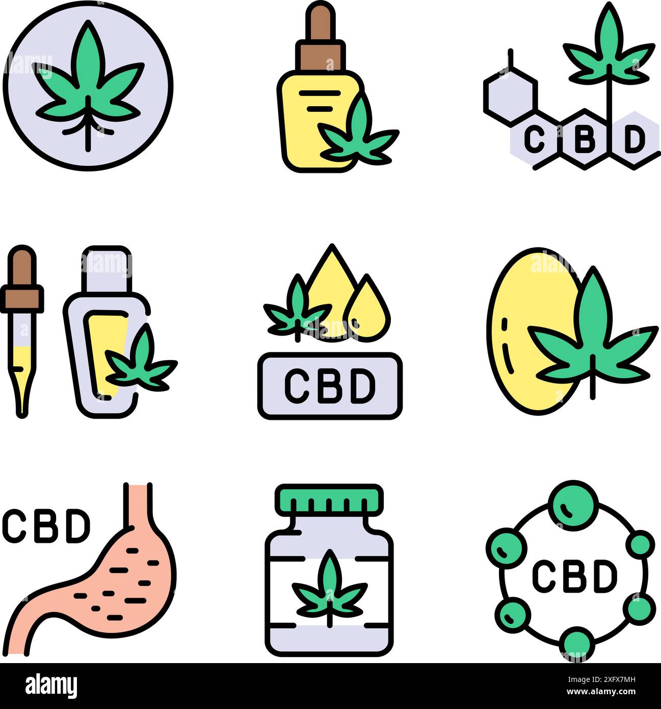 Open hand with marijuana leaf color icons set. Cannabidiol flat icons collection. Cannabis ...